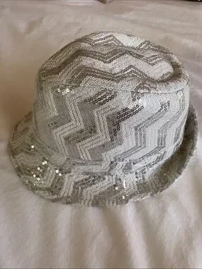 Accessories | Sequined Wavy Silver White Fedora Hat Sparkle Beach Dance ...